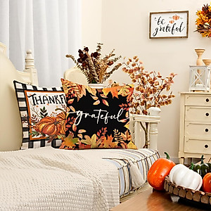 GEEORY Fall Decorative Throw Pillow Covers 18 x 18 Inch Set of 4, Thankful Grateful Blessed Harvest Pumpkin Gnome Thanksgiving Fall Decor Outdoor Farmhouse Pillow Cases for Home Couch G345-18