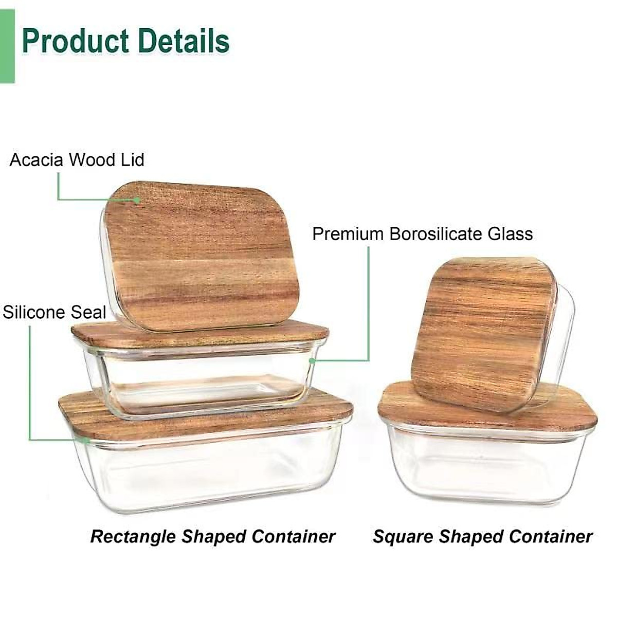 Urban Green Glass Food Container with Wood Lid, Glass food storage Container with Lids, Glass Meal Prep Containers Set, Glass Food Containers set (Wood Lid of 5 Pack)