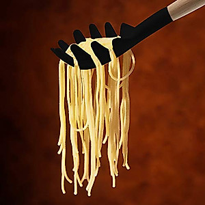 KUFUNG Silicone Pasta Fork, Food Grade Noodle Spoon with Natural Wooden Handle, BPA Free, Spaghetti Strainer & Server Spoon (12 inch, Black)