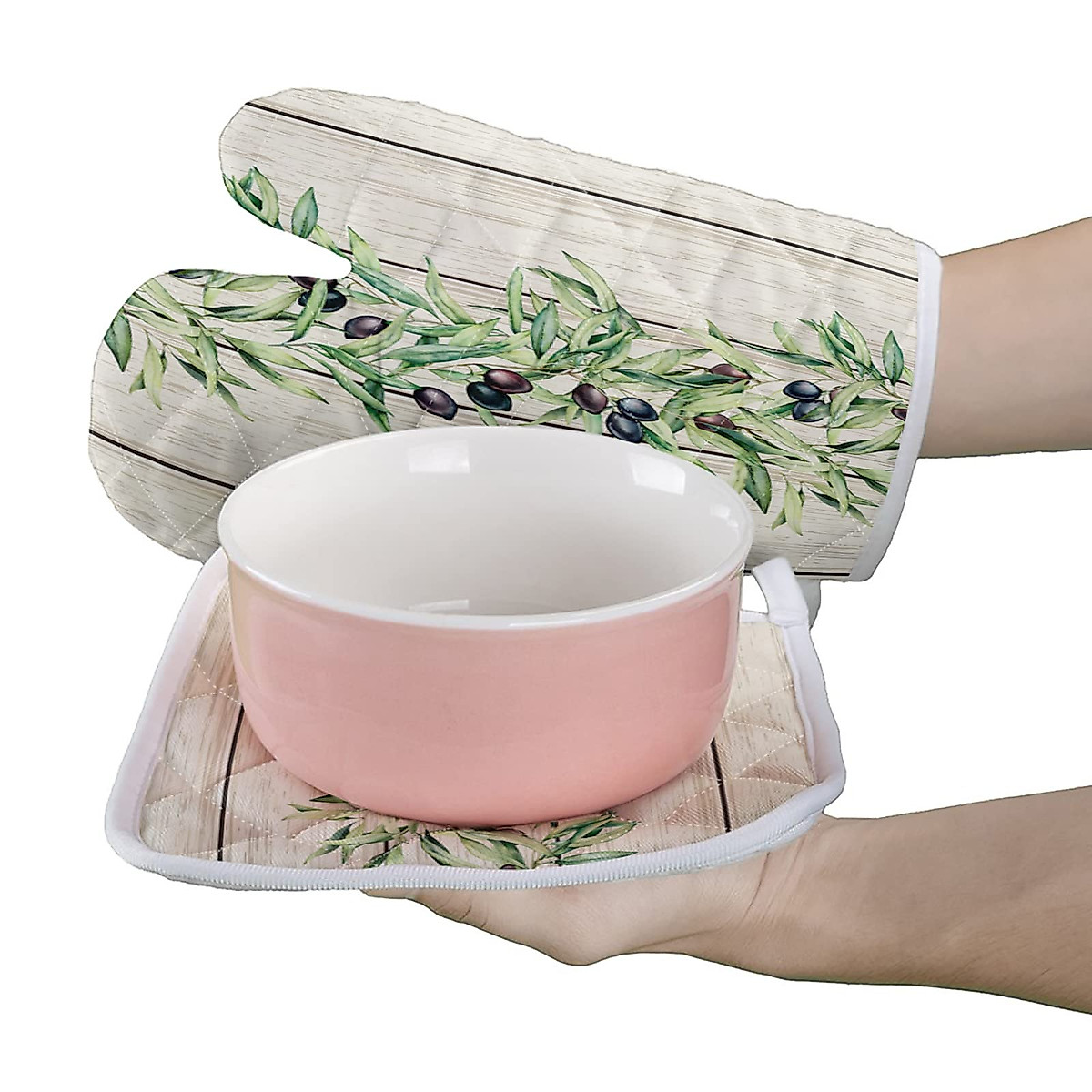 Oven Mitts, Retro Farmhouse Anti-Skid Cooking Gloves for BBQ, Microwave, Baking, Grilling, Thermal insulation Hot Pads Potholders for Handling Hot Cookware Green Leaves and Olives Wooden Grain