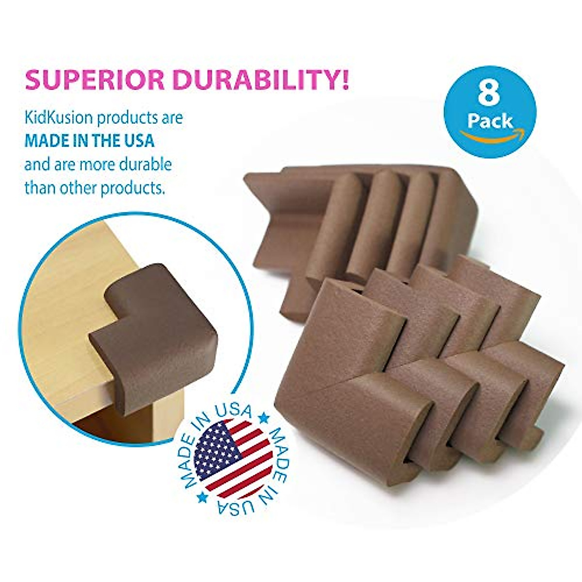 KidKusion Corner Cushion | Made in USA | Brown | 8 Pack | Furniture and Corner Protector