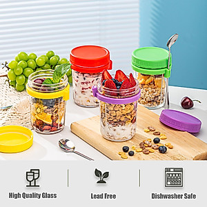 wookgreat Overnight Oats Jars, Overnight Oats Container with Leakproof Lid and Spoon Set of 4, 12 Oz Glass Mason Jars, Large Capacity Wide Mouth Jars with Measure Marks for Cereal Milkshake Meal Prep