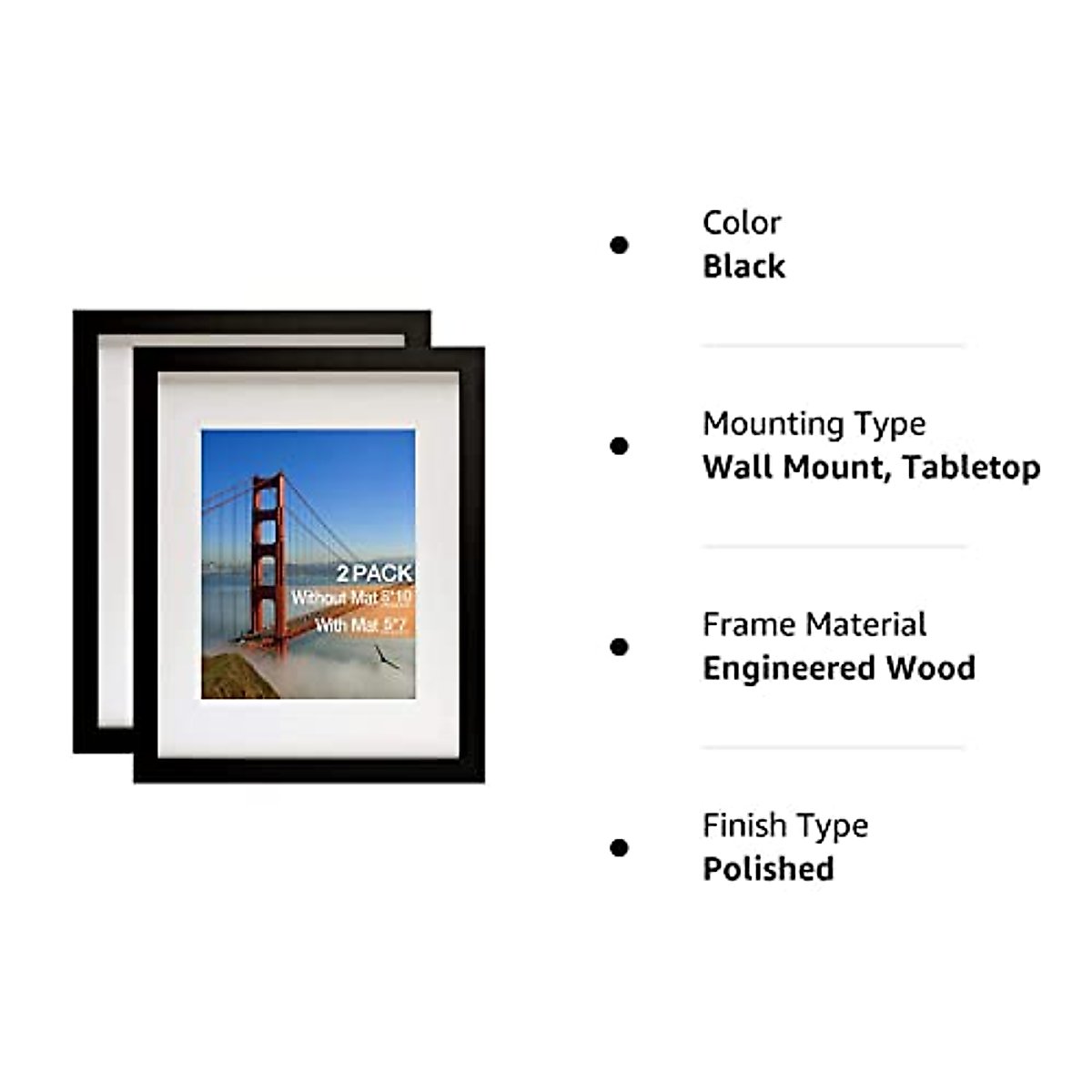 Picture Frames 8x10 Picture Frame Set of 2，Display Pictures 5x7 with Mat or 8x10 Without Mat Real Glass and Composite Wood for Wall or Tabletop Display Pre-Installed Wall Mounting Hardware，Black