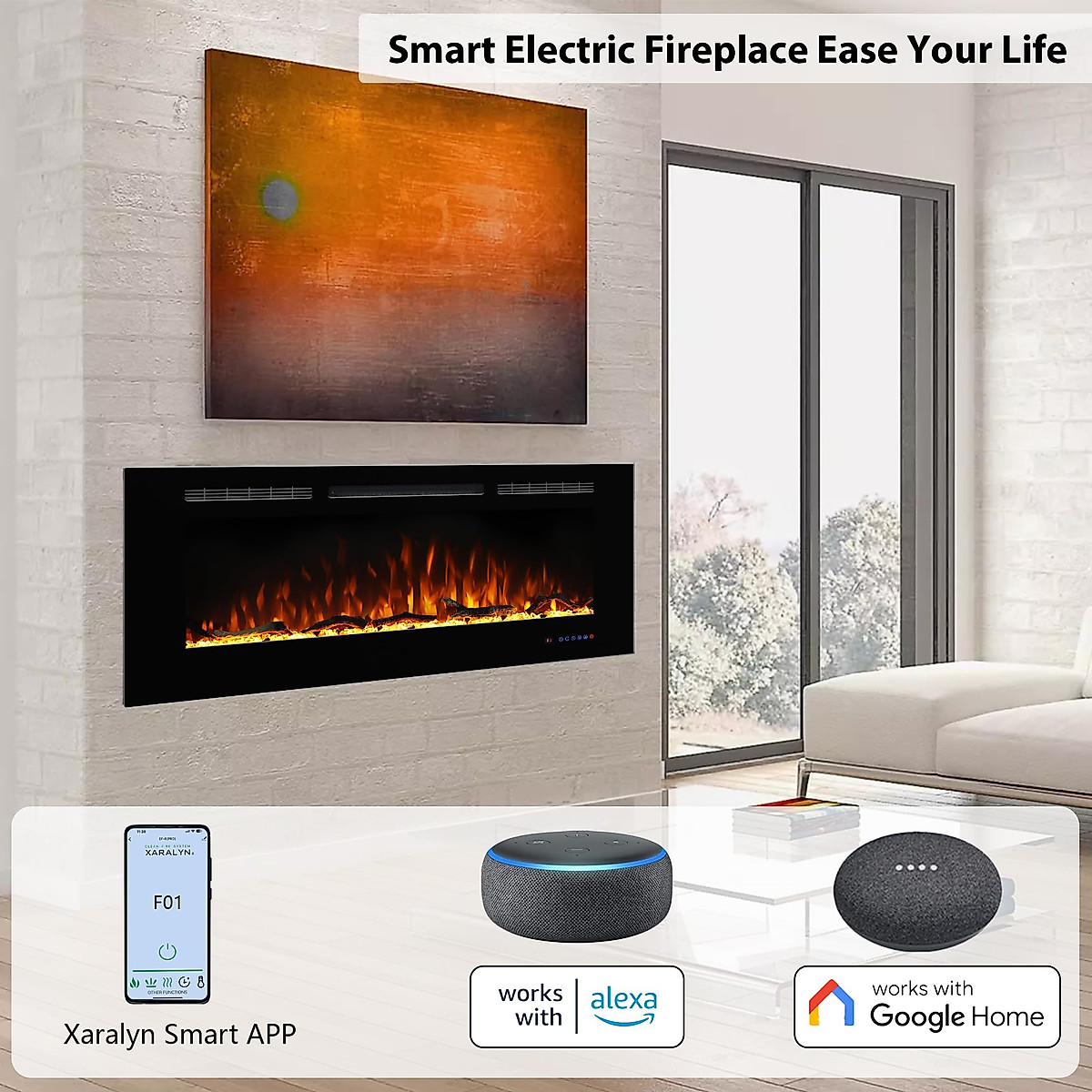 Dreamflame Electric Fireplace 50inches, Wall-Mounted & Recessed Fireplace Inserts, Multicolor Flame w/5 Dimmer, Remote Control Thermostat, Timer, Overheating Protection, Hardwire Connect, 1500W,Black