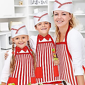 3 Pcs Kid Waiter Costume Kit Car Costume Red and White Striped Apron for Kids Adjustable Bib Aprons with 2 Pockets Soda Jerk Chef Hat Adjustable Red Bow Ties for Kids 1950s Dinner Cosplay Dress Party