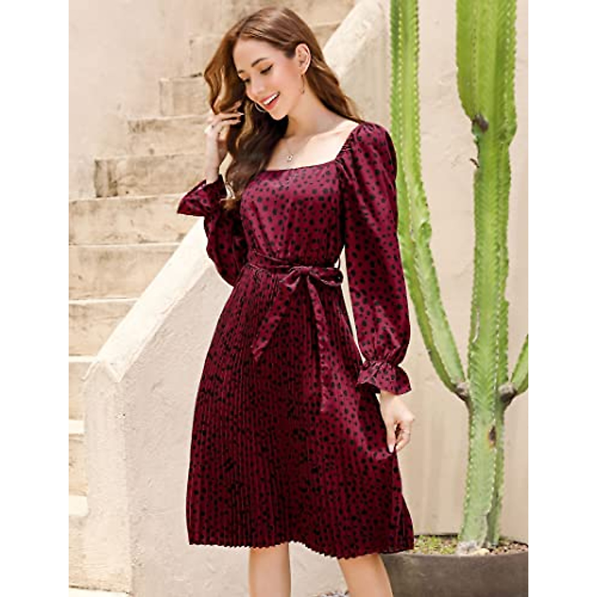 Womens Red Dress Lantern Sleeve Square Neck A Line Flare Midi Ladies Leopard Print Dresses Formal Work Office