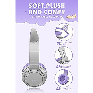 Picun B29 Kids Headphone with Microphone Wireless Bluetooth 5.0,40Hours Playing Wireless Over Ear Headphone for Kids Girls Boys,Stereo Sound, for Online Learning/School/Travel/Tablet (Grayish Purple)