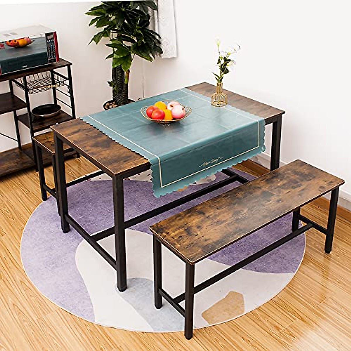 Coral Flower Dining Bench, Table Benches, Pair of 2, Industrial Style Indoor Benches for Kitchen, Dining Room, Living Room, Rustic Brown