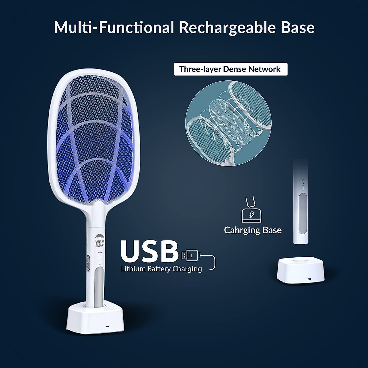 2 in 1 Electric Bug Zapper, Mosquitoes Trap Lamp & Racket, USB Rechargeable Electric Fly Swatter for Home and Outdoor Powerful Grid 3-Layer Safety Mesh Safe to Touch, Pack of 4