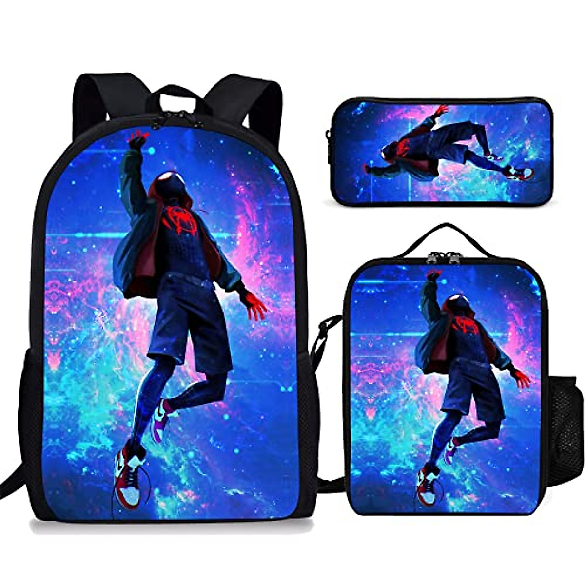Vonpcaty 3Pcs Cool Cartoon Backpack with Lunch Bag Pencil Case Set, Large Capacity Bookbag 17-Inch Bag Travel Bag Lightweight Bag for Boys Girls Blue