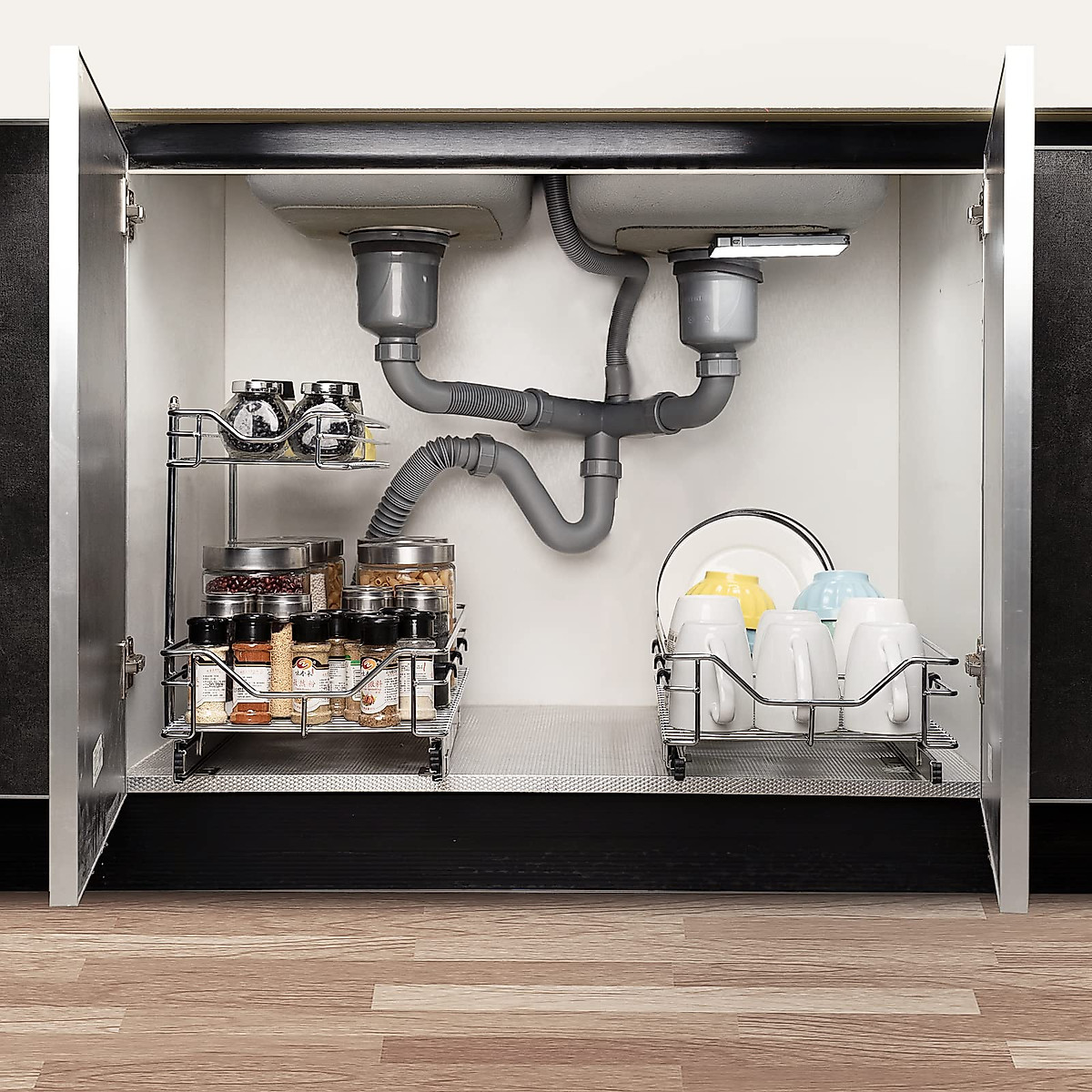 BBLHOME Pull Out Cabinet Drawer Organizer,Heavy Duty Slide Out Pantry Shelves Sliding Drawer Storage for Bathroom, Kitchen, Home, 11" W x 21" D,Chrome Finish