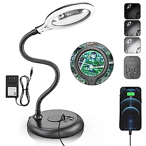 3 in 1 Magnifying Glass with Light and Stand, 5X Lighted Magnifier Lamp with PD USB C Charging Port, Hands-Free Adjustable Magnifying lamp for Reading Close Work Reading Sewing Crafts Painting Nails