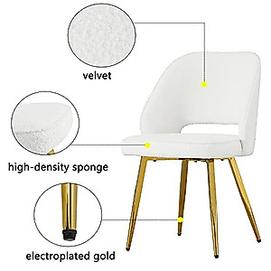 Ebullient Modern Velvet Dining Chairs Set of 2, Upholstered Living Room Accent Chairs, Gold Vanity Chairs，mid Century Chair for Living Room Kitchen Bedroom (White + Gold Legs, Set of 2)