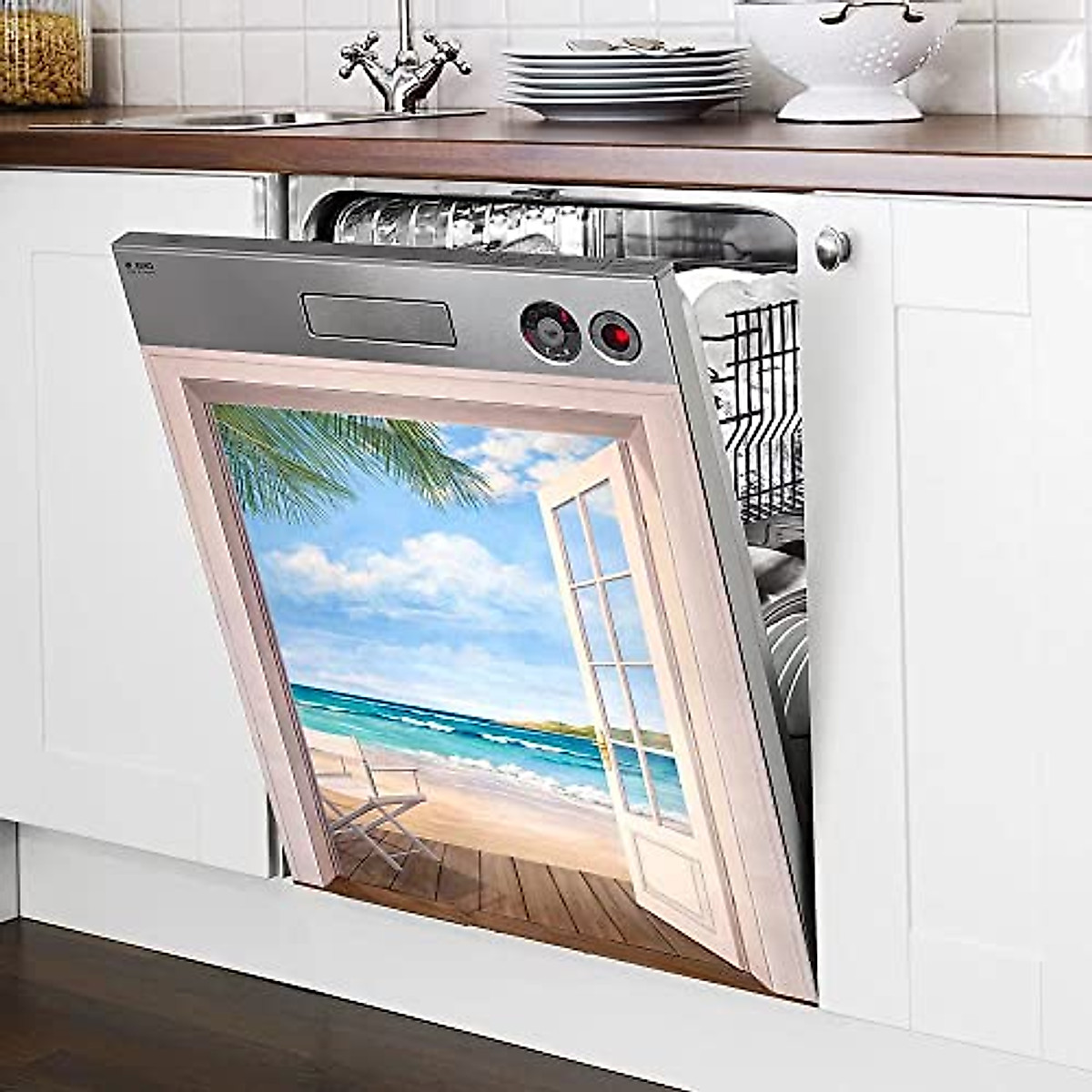 Greture Seaside View Kitchen Dishwasher Front Cover Magnetic Sticker, Refrigerator Panel Decal, Kitchen Utensils Sticker Decoration 23W x 26H Inch
