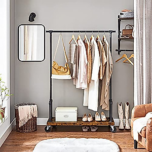 VASAGLE Rolling Clothes Rack, Garment Rack for Hanging Clothes with Wheels, Hanging Rail and Shelf, Heavy-Duty, Industrial Pipe Design, Rustic Brown and Black URGR110B01