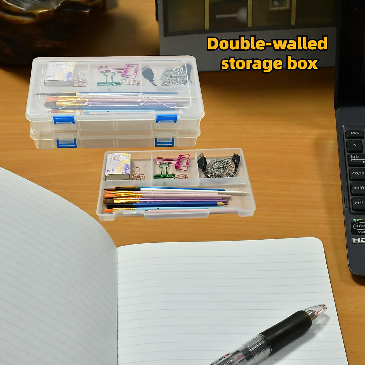 CSNGHSD Plastic Pencil case, Large Plastic Pencil case with lid. Transparent. Hard Pencil Double Storage Multi-Layer Tool Box for School Art Box