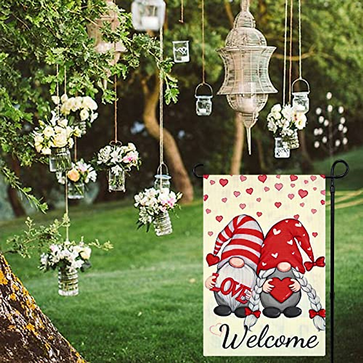Valentines Day Garden Flag Double Sided, Love Gnomes Valentine’s Day Garden Flag Yard Flag for Outdoor Decoration 12x18 Inch