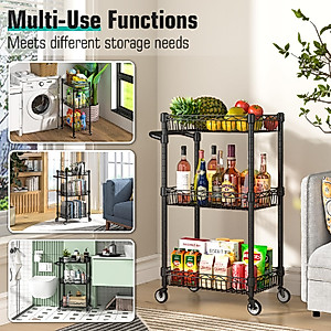 YASONIC 3 Tier Metal Rolling Cart, Kitchen Cart with Adjustable Shelves, Heavy Duty Utility Cart with Lockable Wheels, Multifunctional Rustproof Storage Cart, Bathroom Organizer Cart, Black