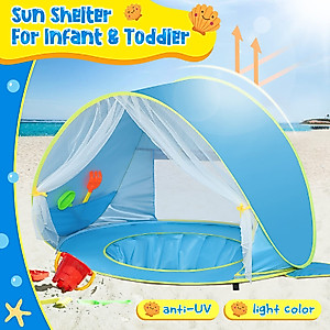 Monobeach Baby Beach Tent, Beach Canopy Sun Shelter UPF50+ UV Protection Baby Pool with Canopy, Easy Set Up Pop Up Baby Beach Shade Pool for Toddlers Outdoor Camping Pool Fun (Front Mesh Blue)