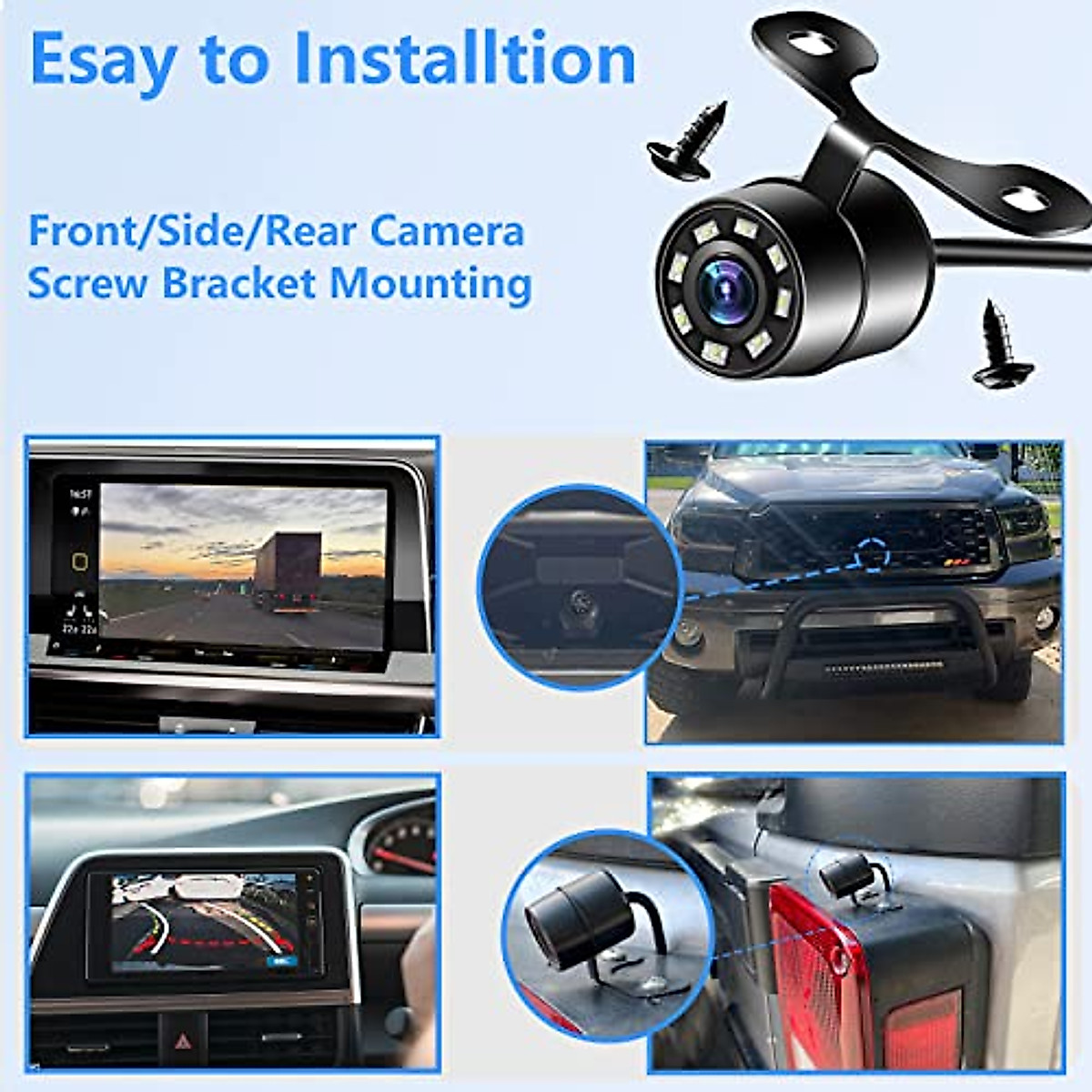 Backup Camera, Universal IP69K Waterproof Front/Side/Rear Camera for Car, 8 LED Lights Infrared Night-viewer with 140° Dynamic Path Guide Line Reverse Back up Camera Systems for Car Truck SUV RV Van