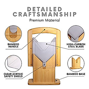 Bamboo Bagel Slicer - Guillotine Bagel Cutter with Clear Safety Shield, Non Stick Blade and Easy Grip Handle - Bread Slicer for Homemade and Commercial Buns, Muffins and Rolls (By Homeries)