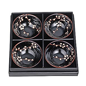 Hinomaru Collection Japanese Traditional Porcelain 4.5" D Rice Bowl Set of 4 Cherry Blossom Sakura Assorted Colors Decorative Tableware Multi Purpose (Tenmoku Black)