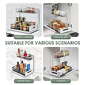 GZHDIAN Under Sink Organizer, 2-Tier Pull Under The Sink Storage Organizer, Sliding Organizer Under Sink, For Under Sink Kitchen Organizers and Storage - White