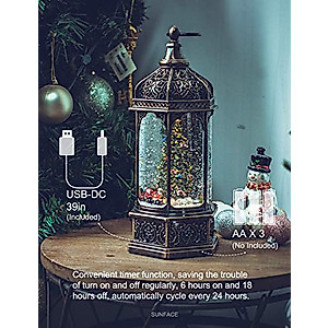 Christmas Snow Globe Lantern 11",USB & Battery Operated Lighted Swirling Glitter Water Lantern with Timer for Christma Home Decoration (Trees)