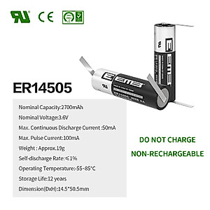 EEMB 4Pack ER14505 AA 3.6V Lithium Battery with FT Solder Tabs Li-SOCL₂ Non-Rechargeable Battery SB-AA11 LS14500 TL-5903 SL-360 S7-400 ER14500 for Chip Board/Sensor/Backup Power Supply/PLC Battery