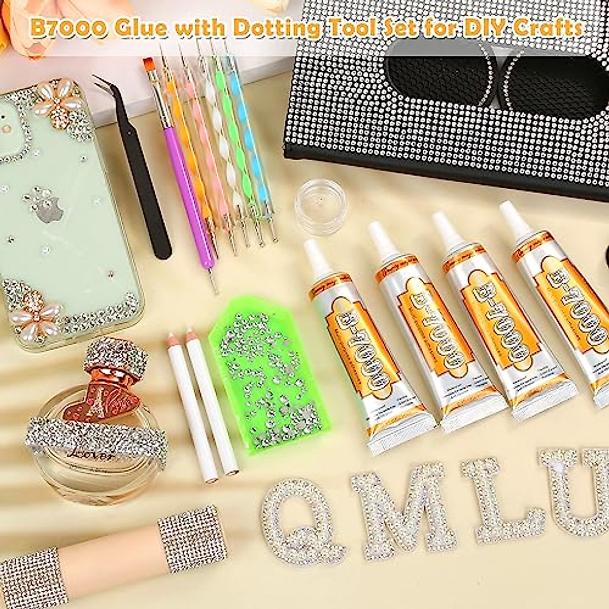 B7000 Adhesive Glue Rhinestone Kit, 4 x 15ML B-7000 Clear Craft Glue with Crystal Flatback Gems, Rhinestone Tools for Fabric, Cloth, Shoes, Nail Art, DIY Jewelry Making