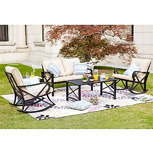Patio Festival 5 Pieces Patio Conversation Set Wrought Iron Outdoor Furniture Deep Seating Metal Padded Cushion Sofa for Backyard Porch Poolside Balcony((Khaki)