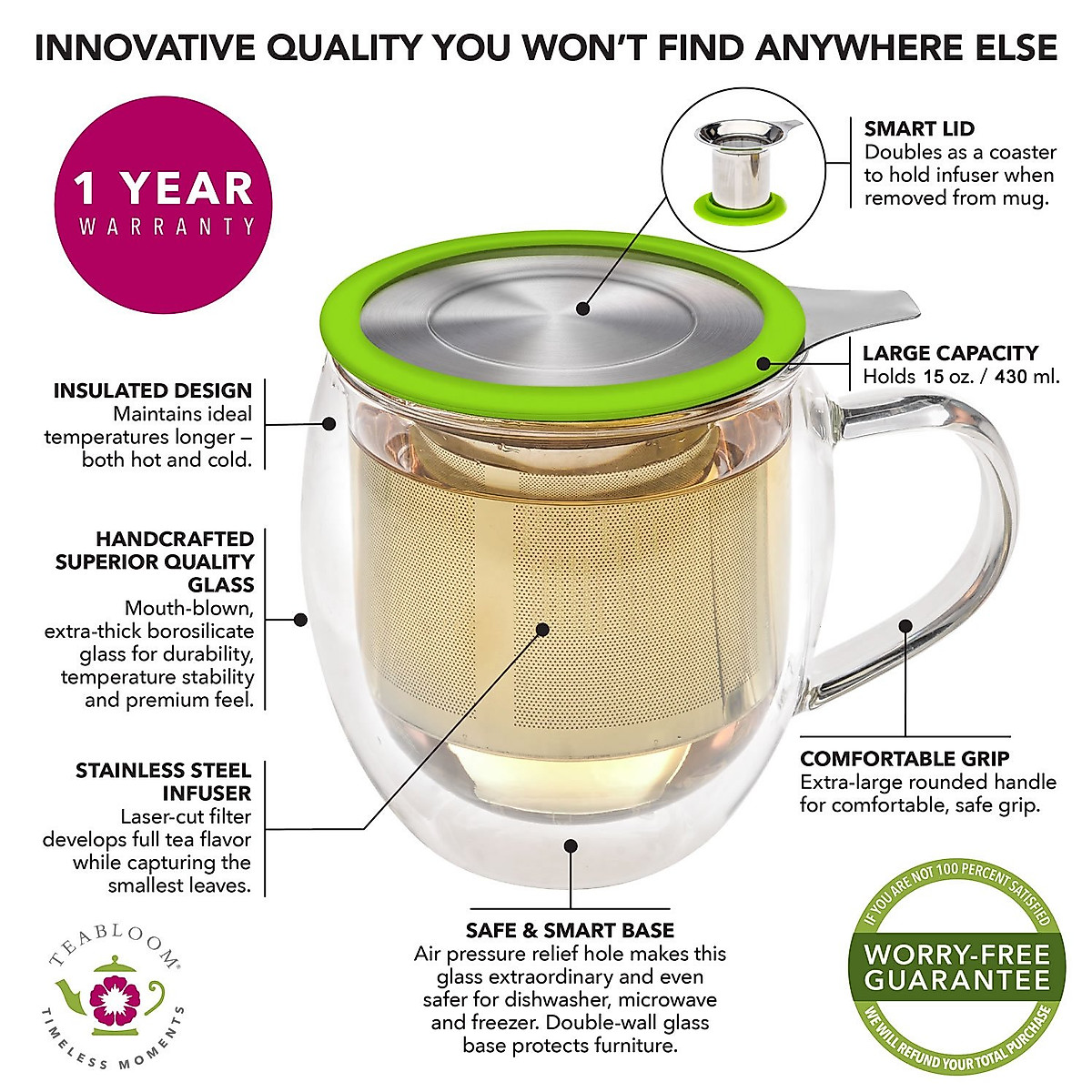 Teabloom Double-Wall Borosilicate Glass Mug with Stainless Steel Infuser and Lid – 15 OZ / 430 ML – 2 Gourmet Tea Flowers Included