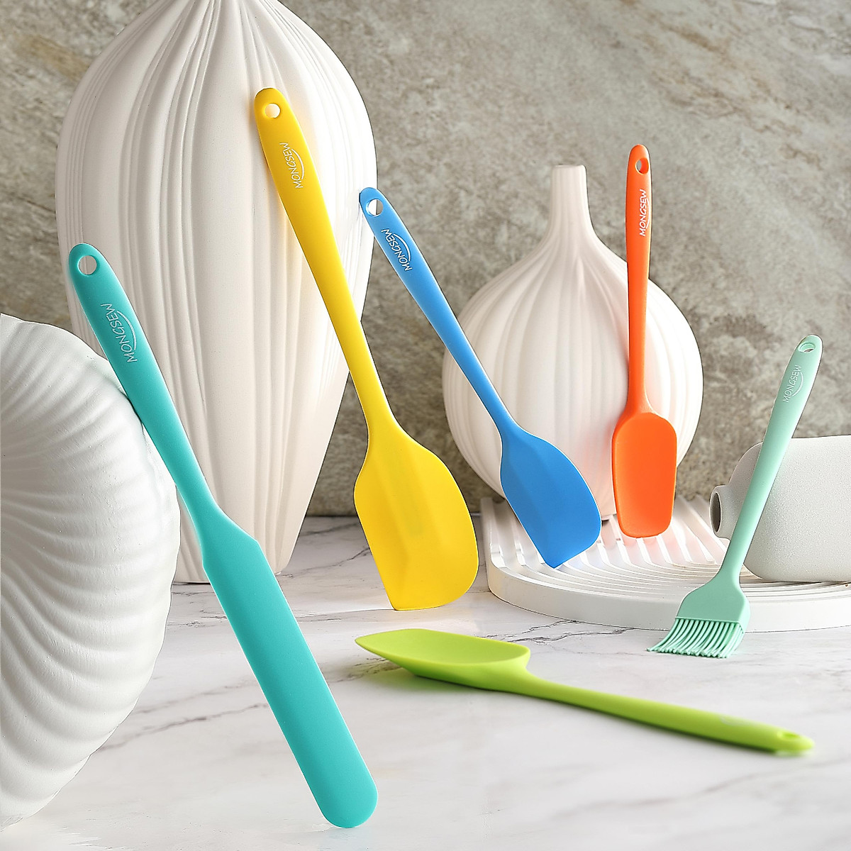 6PCS Silicone Spatulas, MONGSEW Food Grade Heat Resistant Rubber Spatula Set, Kitchen Spatulas for Baking, Cooking and Mixing, BPA-Free, Dishwasher Safe (Set of 6, Multi Colors)