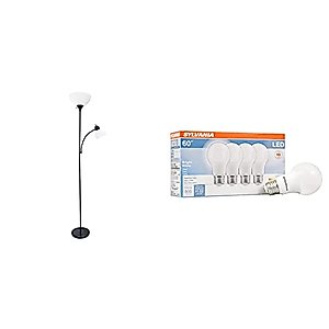 Simple Designs Home LF2000-BLK Mother-Daughter Floor Lamp with Reading Light,Black & Sylvania LED Light Bulb, 60W Equivalent A19, Efficient 8.5W, Medium Base, 800 Lumens, Bright White 4 Pack (79704)