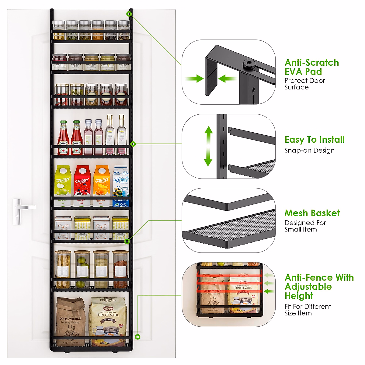 RUILALIFE Over-The-Door-Organizer Storage, Adjustabl Back of Door Organization for Bedroom Closet Bathroom, Wall Mount Spice Rack, Behind The Door Hanging Shelves (White)