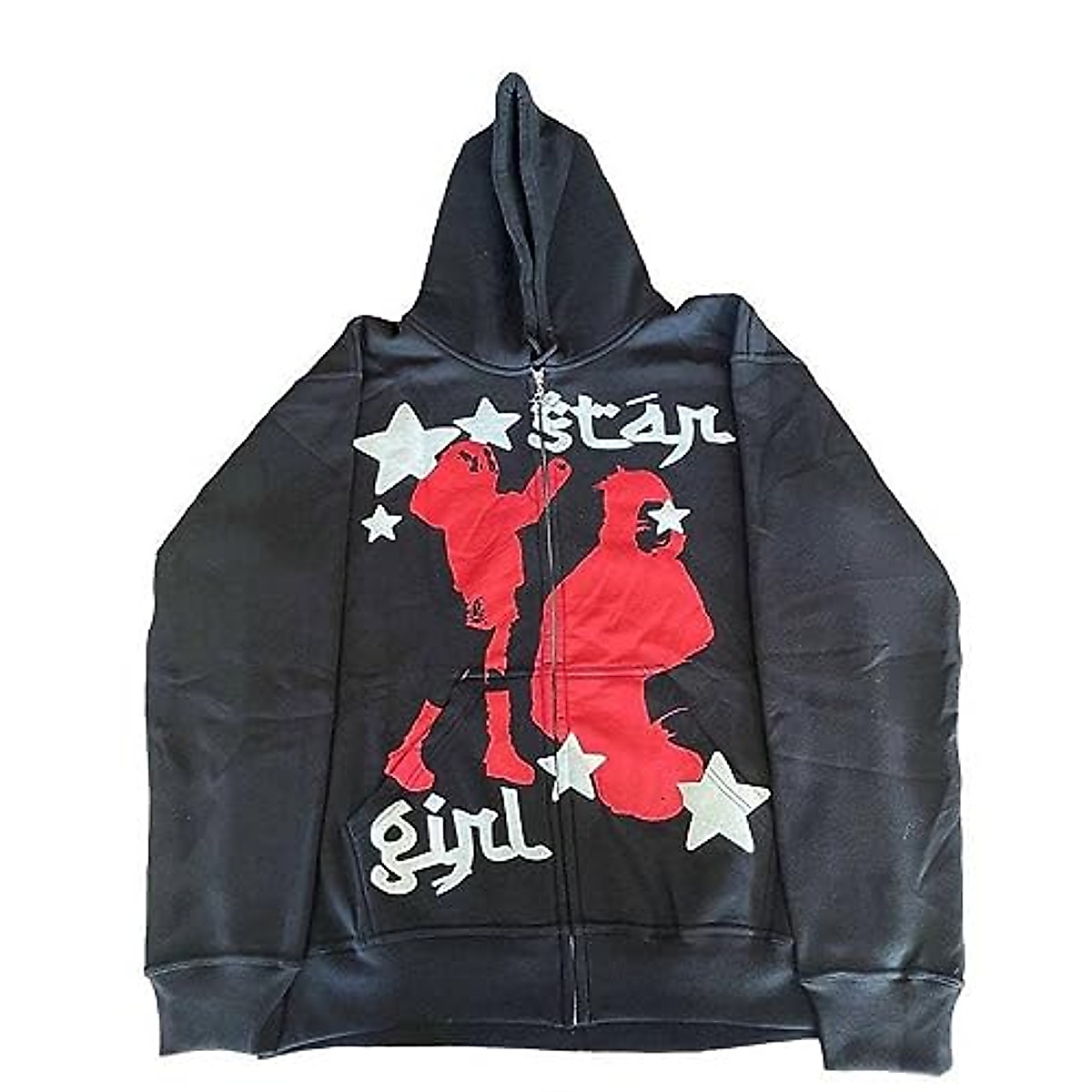 Y2K Zip Up Hoodie Girl Star Graphic Grunge Emo Alt Aesthetic Hooded Oversized E-Girl Harajuku Streetwear Jacket (Black,3XL,3X-Large)