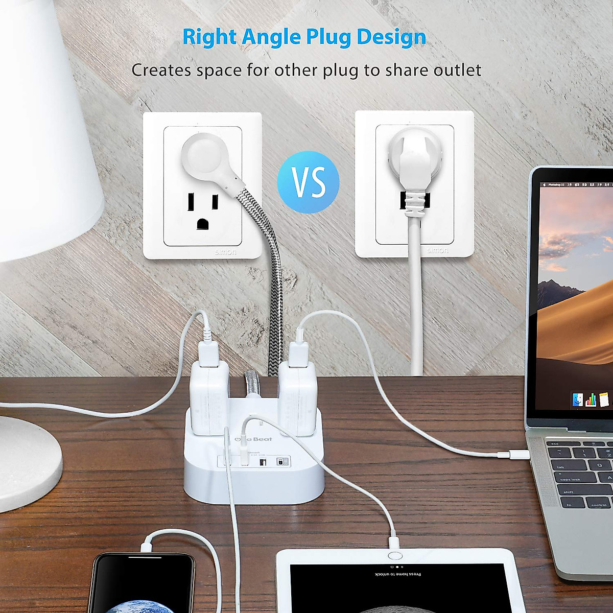 Cruise Power Strip 3 Outlets 4 USB Ports, Flat Plug, 5 Ft Extension Cord Non Surge Portector