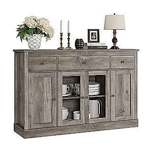 HOSTACK Sideboard Buffet Cabinet with Storage, 55" Large Kitchen Buffet Storage Cabinet with Drawers | Glass Doors, Modern Farmhouse Coffee Bar Cabinet, Wood Buffet Table Dining Room Cabinet, Ash Grey