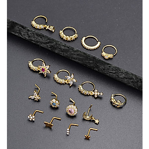 Tornito 16Pcs Dangle Hoop Nose Ring L Shape Nose Stud CZ Butterfly Flower Leaf Dangle Heart Moon Crown Nose Ring Nostril Piercing Jewelry for Women Gold Tone 20G