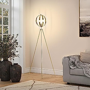 JUNNAI Gold Tripod Floor Lamp: Elegant Tall Lamp with Brass Rotating Cage Shade & E26 Lamp Base | Modern Standing Lamp for Living Room, Bedroom, Office