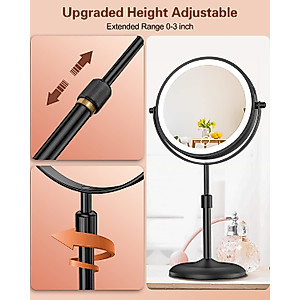Benbilry Lighted Makeup Mirror with 10X Magnification & 3 Color Lights, Adjustable Brightness & Height, 7 Inch 360° Swivel Rechargeable LED Magnifying Make Up Mirror with Lighting (Black)