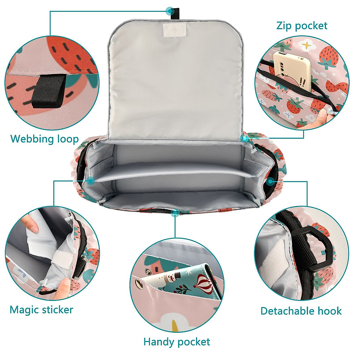 Pink Strawberries Flowers Stroller Organizer with Cup Holder Universal Stroller Organizer Bag Detachable Shoulder Strap Stroller Accessories for Diaper Snacks Toys Keys Fit All Baby Stroller