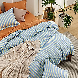 Bedsure Duvet Cover Queen Size - 100% Cotton Reversible Morandi Color Striped Cover Set with Zipper, Soft & Breathable Bedding Set, (3 Pieces, 1 Duvet Cover 90"x90" and 2 Pillow Shams 20"x26")