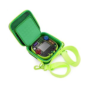 CASEMATIX Green Toy Box Travel Case Compatible with Leapfrog Rockit Twist Handheld Learning Game System - Includes Adjustable Shoulder Strap, Accessory Storage and Rubber Frog Keychain - CASE ONLY