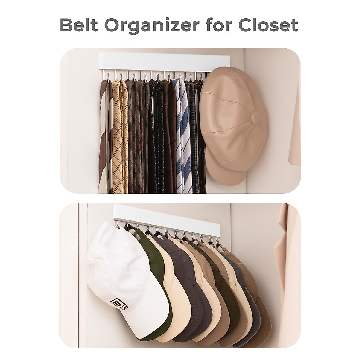 StorageWorks Belt Organizers for Wall, Wooden Belt Holder, Belt Storage with 12 Hooks, Tie Rack Wall Mounted, Belt and Tie Organizer for Closet, White, 2 Pack