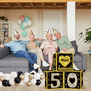 Zirtorei 3Pcs 50th Wedding Anniversary Decorations Boxes, Black Gold Happy 50 Anniversary Balloons Boxes Party Supplies, Fifty Year Old Marriage Anniversary Theme Cardboard Box
