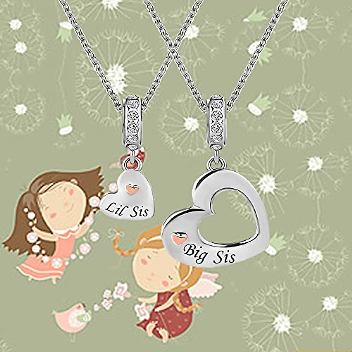 KunBead 18 inch Big Sister Little Sister Rose Gold Tone Heart I Love You Matching Charm Pendant Birthday Necklace set for 2 for Women