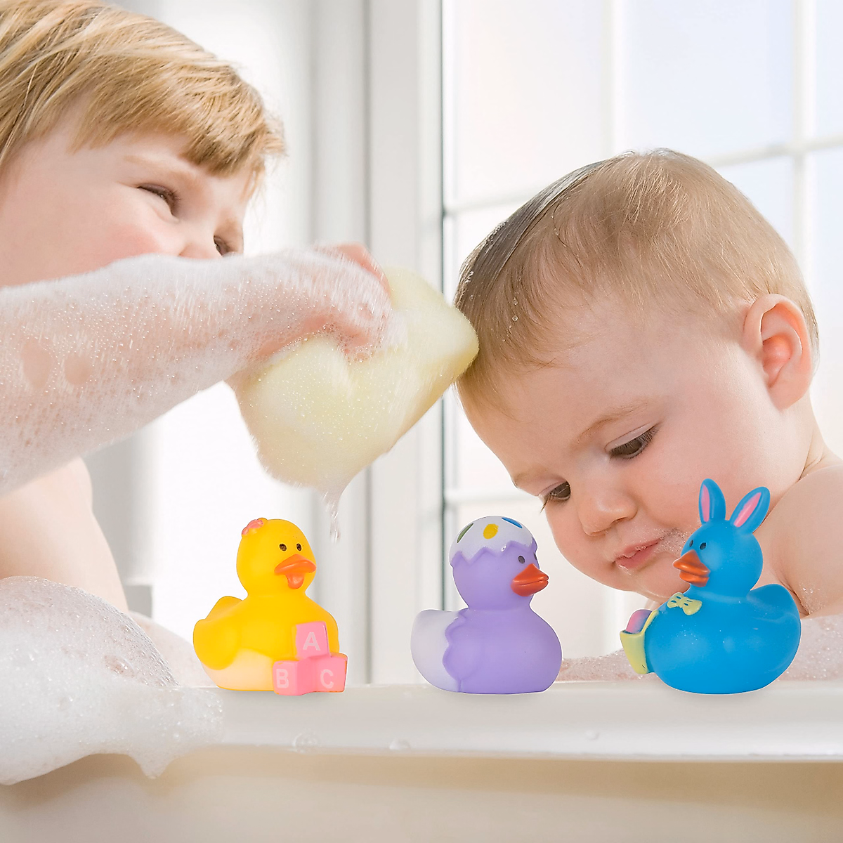 JOYIN 24pcs Easter Rubber Duckies Toys, Novelty Funny Squeeze Ducks for Easter Egg Hunt, Kids Bath Toys, Easter Basket Stuffing, Party Favor