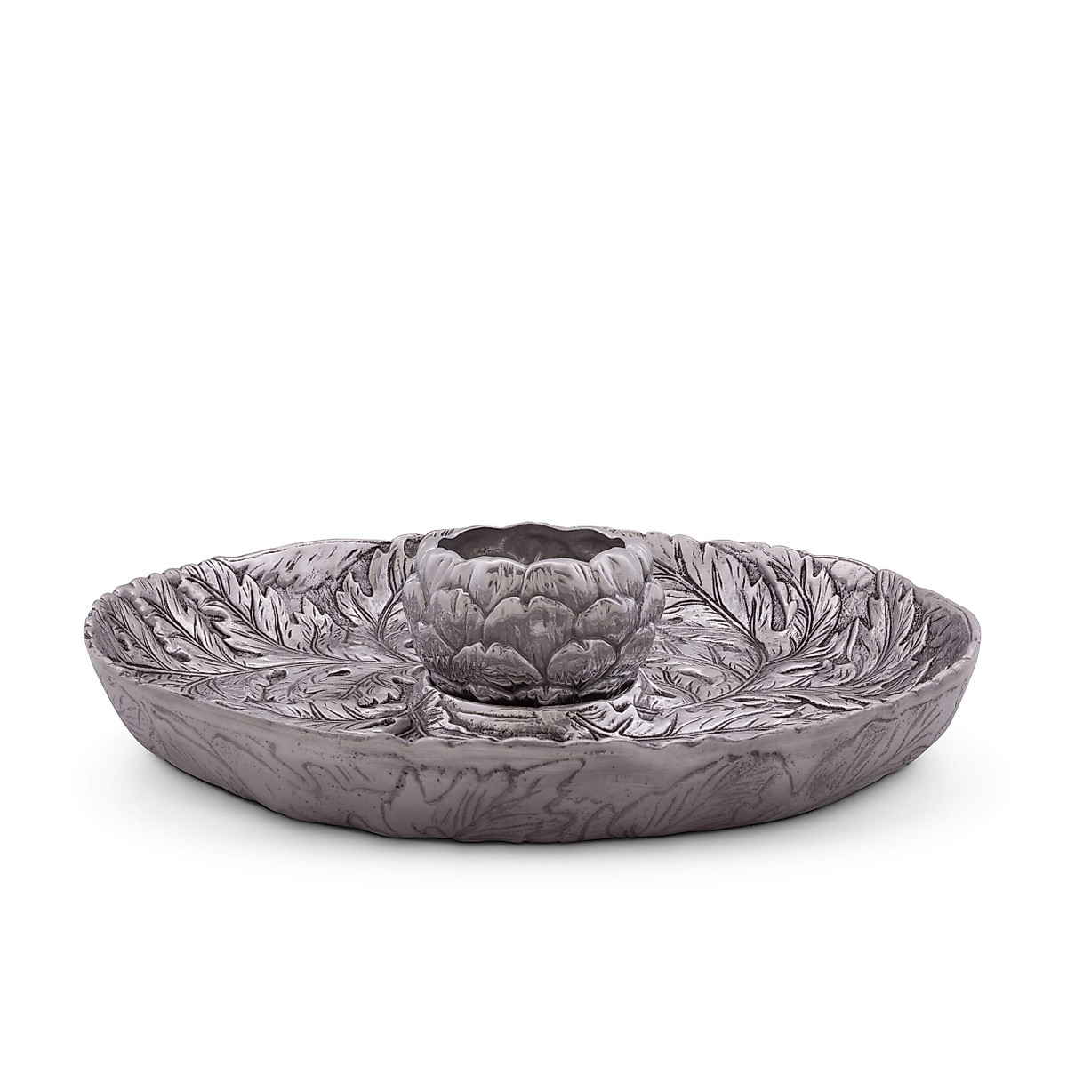 Arthur Court Designs Metal Chip and Dip Platter in Artichoke Pattern Sand Casted in Aluminum with Artisan Quality Hand Polished Designer Tarnish-Free 14.5 inch Diameter