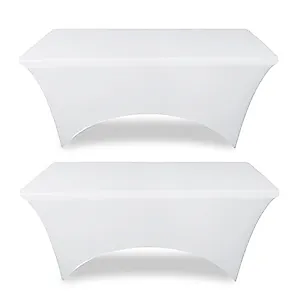PureFit Spandex White Table Covers 6ft Fitted Table Clothes for 6 Foot Rectangle Tables, Elastic Massage Table Cover, Stretch Wrinkle Free Tablecloth for Party, Wedding, Banquet, Vendor Stand, 2 Pack